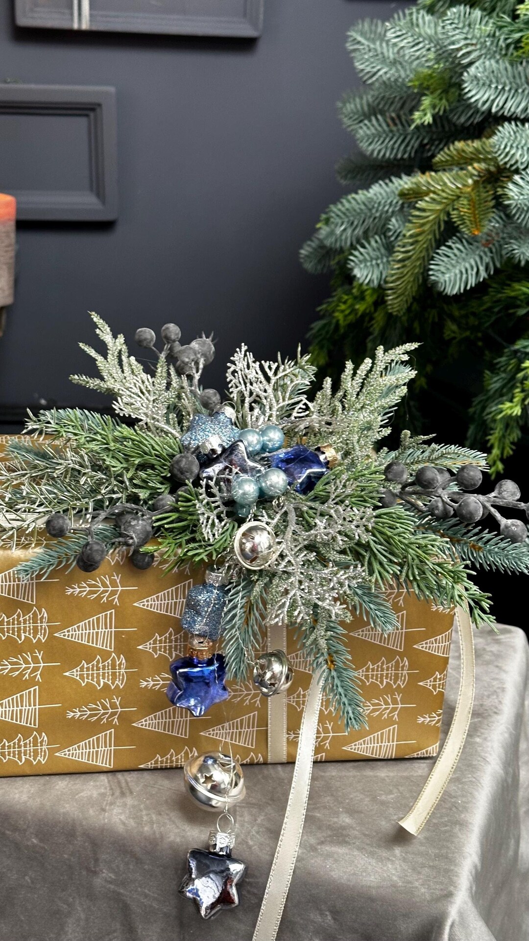 Christmas Box Decor Blue, Christmas Mini Arrangement, Xmas Gift Box ...