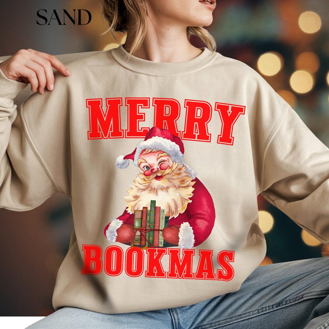 Merry Bookmas Sweatshirt for Book Lovers Christmas Santa Reading Shirt ...