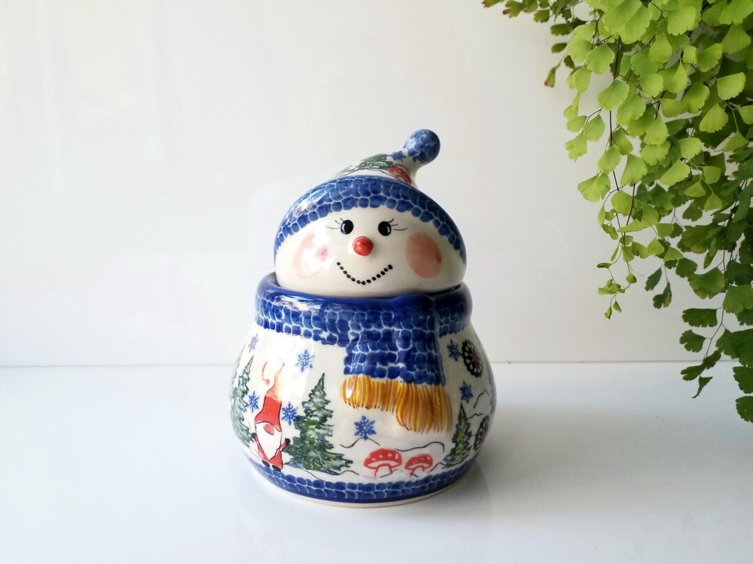 Handmade Polish Pottery Snowman Small Size Container 20oz: 6" Stoneware ...