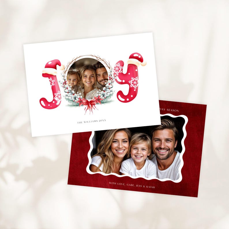 JOY Family Christmas Card Template for Canva, Modern Family Holiday ...