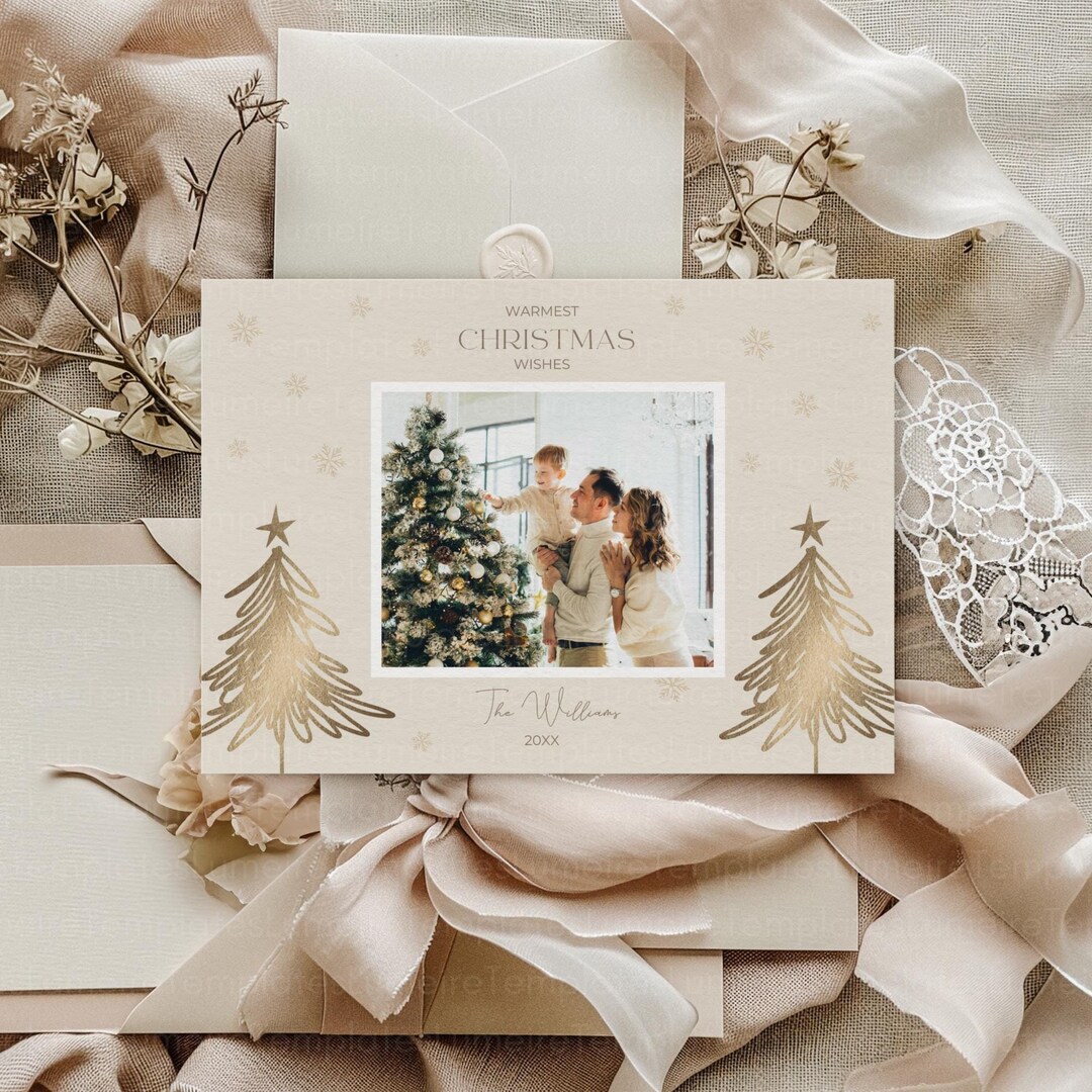 Modern Gold Christmas Tree Card With Photo, Editable Family Holiday ...