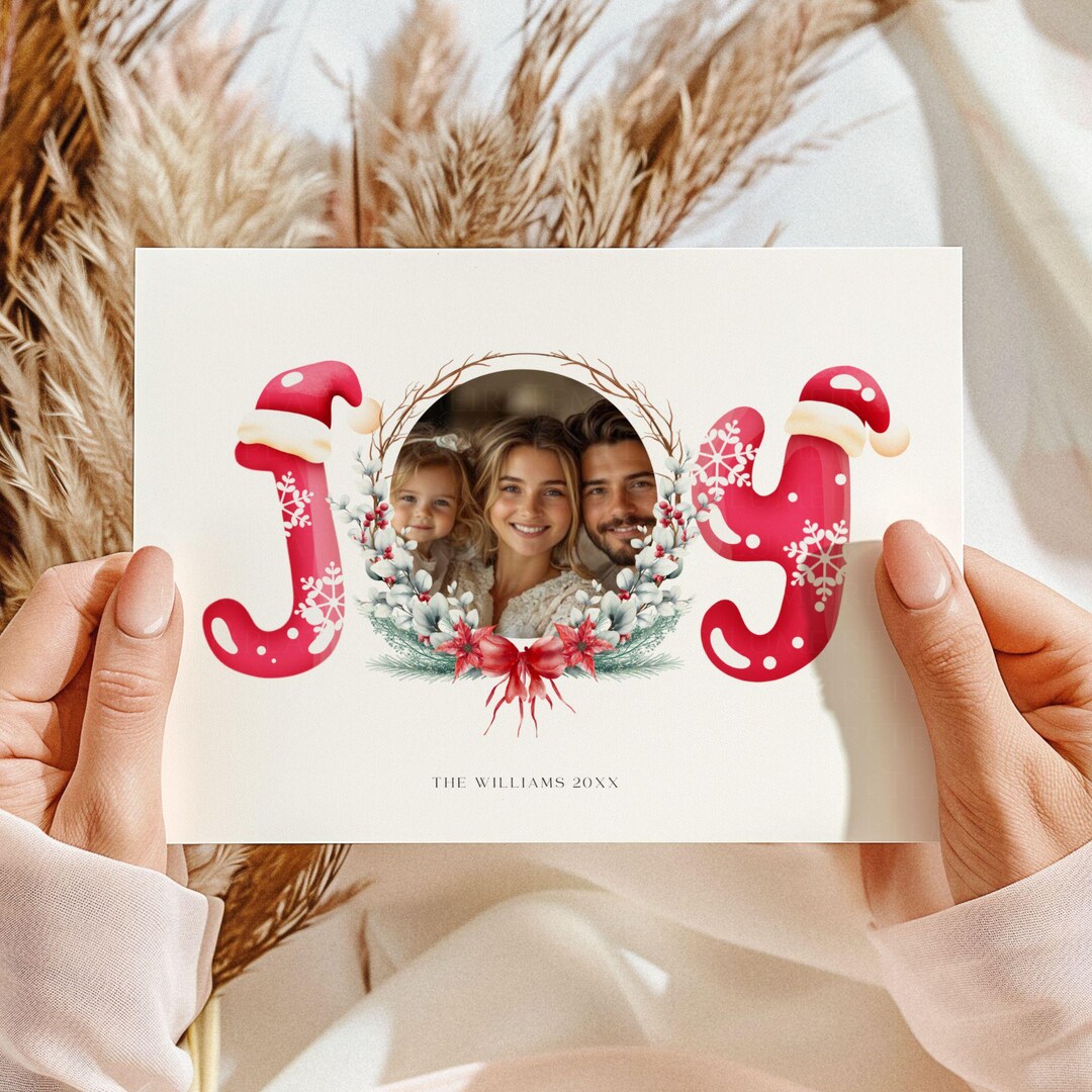 JOY Family Christmas Card Template for Canva, Modern Family Holiday ...