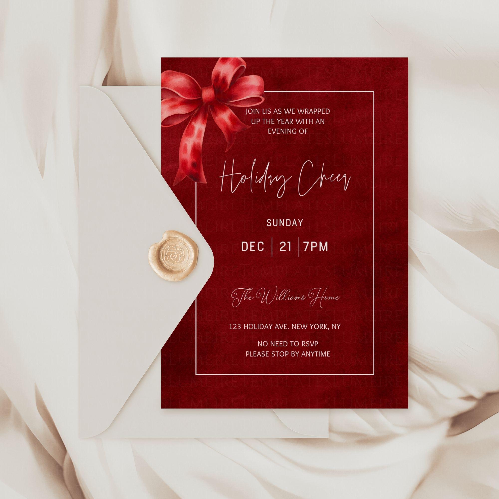 Editable Red BOW Christmas Party Invitation, Custom Modern Holiday ...