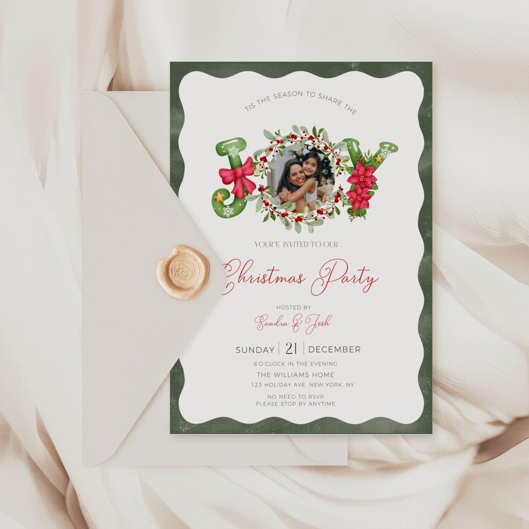 Wavy Border Modern Retro Christmas Holiday Party Invitation, Christmas ...
