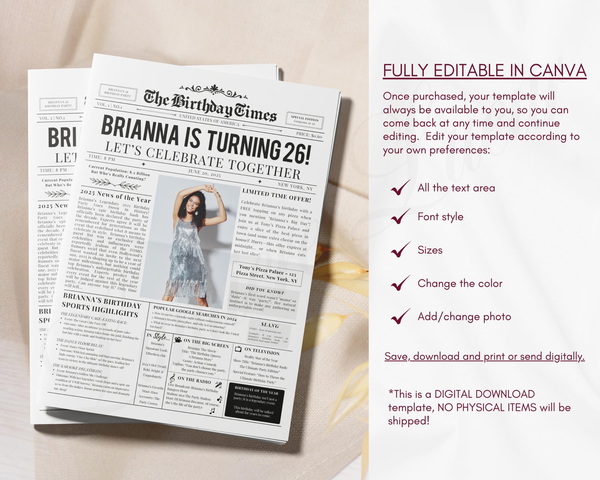 Custom Birthday Newspaper Template: Fun Photoshoot Prop (digital ...
