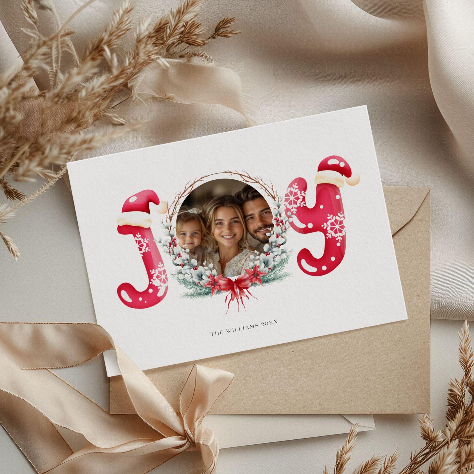 JOY Family Christmas Card Template for Canva, Modern Family Holiday ...