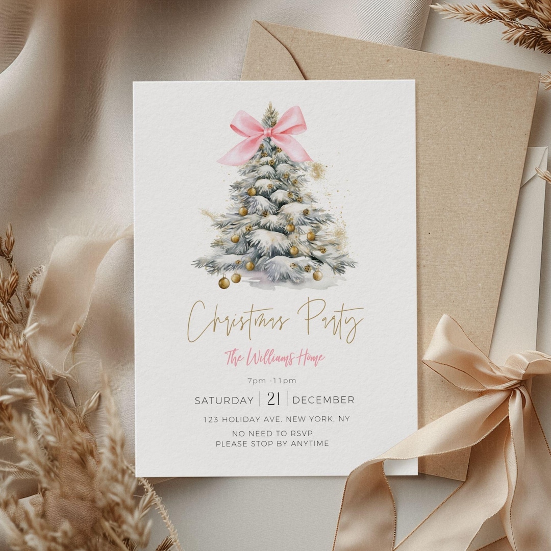 Editable Pink Christmas Party Invitation, Pink Bow Christmas Invitation ...