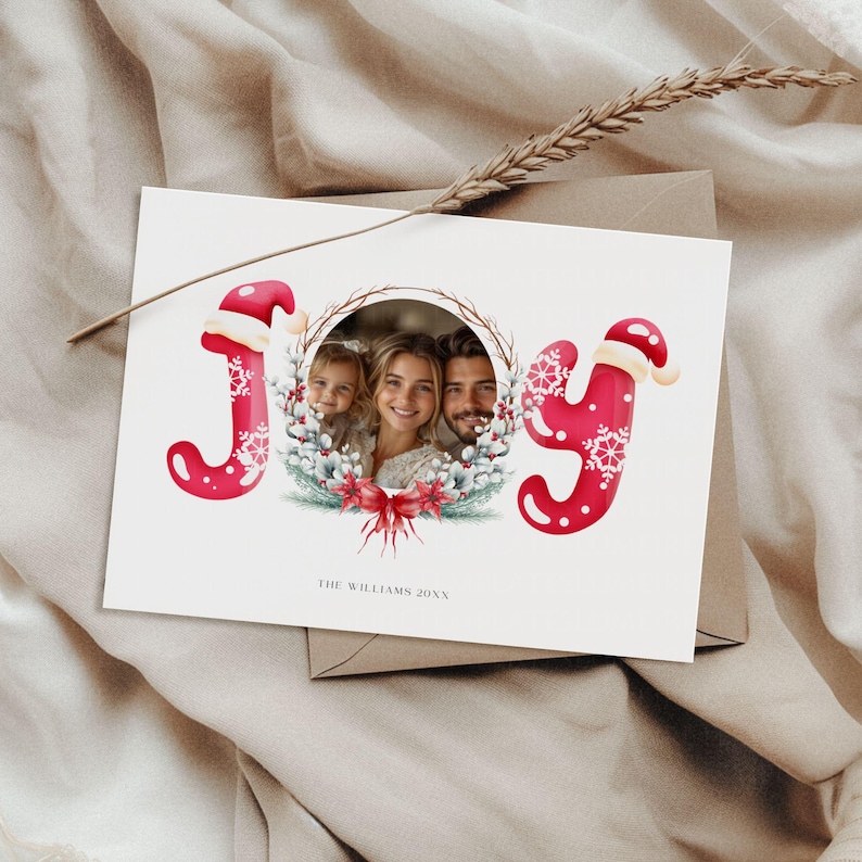 JOY Family Christmas Card Template for Canva, Modern Family Holiday ...
