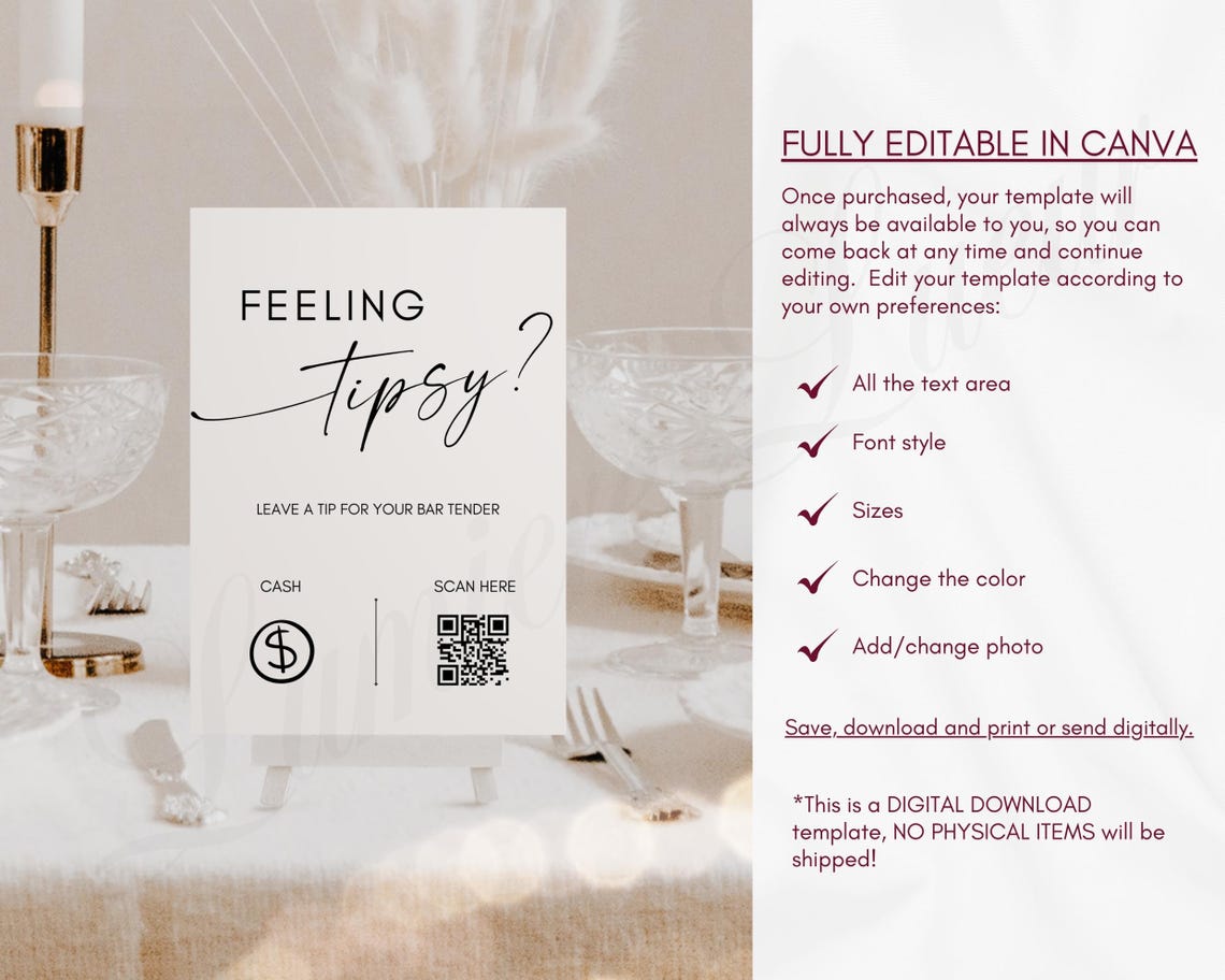 Funny Wedding Bar Sign: Tip Your Bartender, Minimalist Design (digital ...