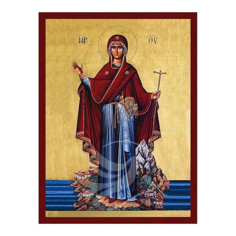 Virgin Mary of Mount Athos Icon, Handmade Greek Icon of Panagia Mount ...