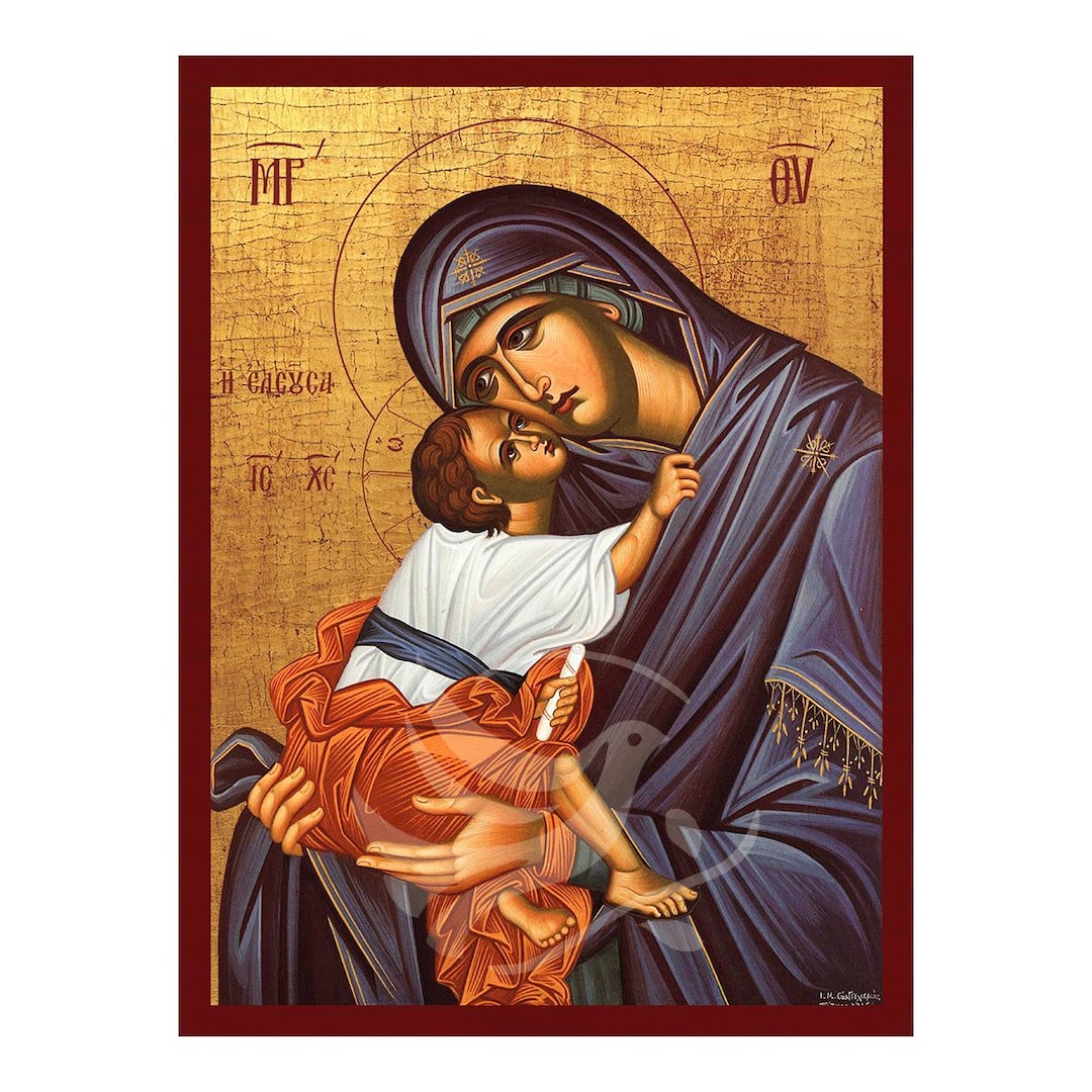 Virgin Mary the Merciful Mother Icon, Handmade Greek Icon of Panagia ...