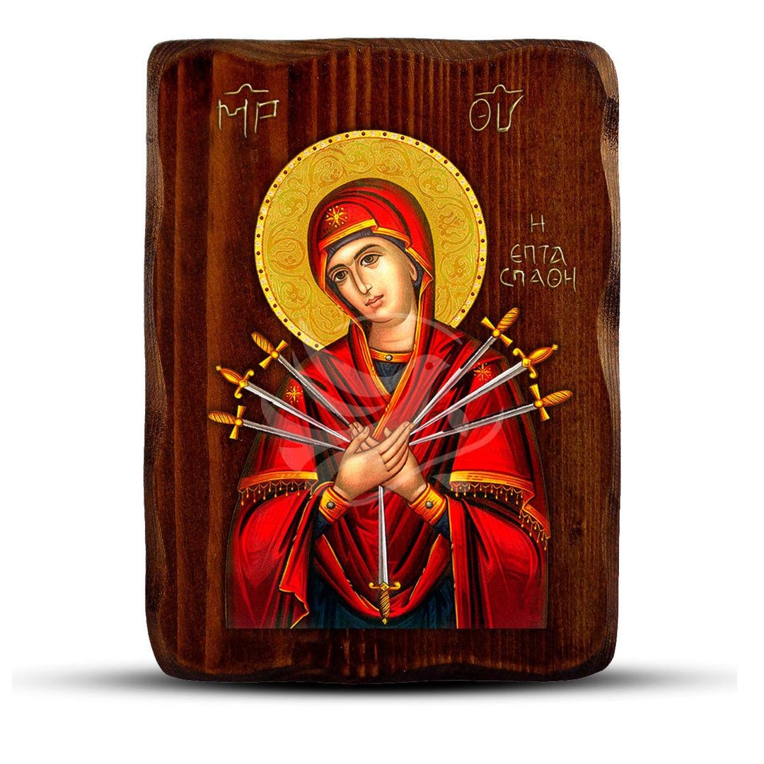 Virgin Mary of Sorrows-seven Swords Icon, Handmade Wooden Icon of ...