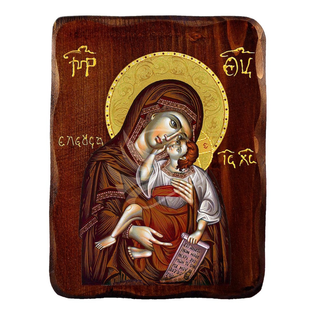 Our Lady of Mercy Icon, Handmade Greek Orthodox Icon of Panagia Eleousa ...