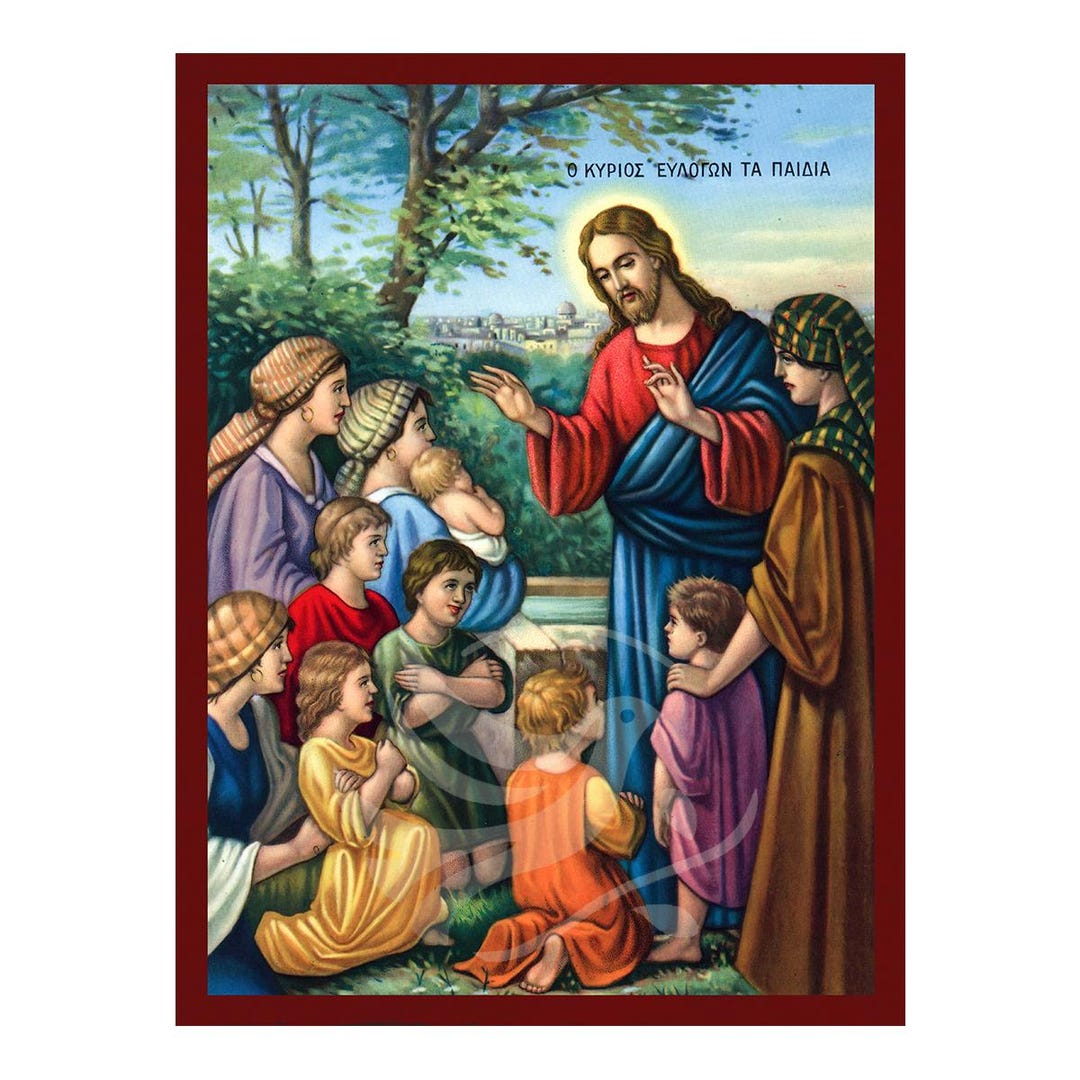 Jesus Christ Blessing the Children Icon, Handmade Greek Orthodox Icon ...