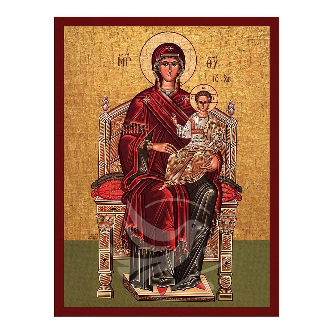 Virgin Mary the Virgin Enthroned Icon, Handmade Greek Icon of Panagia ...