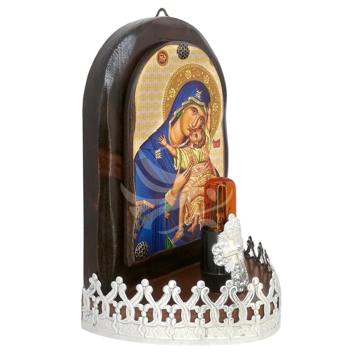 Vigil Lamp With Light, Virgin Mary Eleousa Tabletop Icon, Hand-carved ...