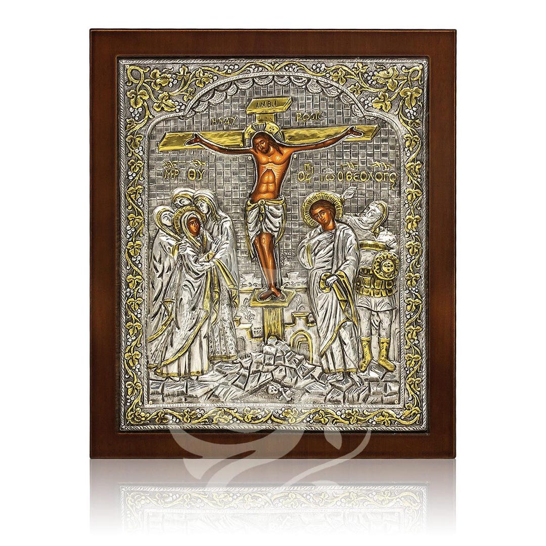 The Crucifixion Jesus Christ Silver Gold Icon 27x23cm, Handmade ...