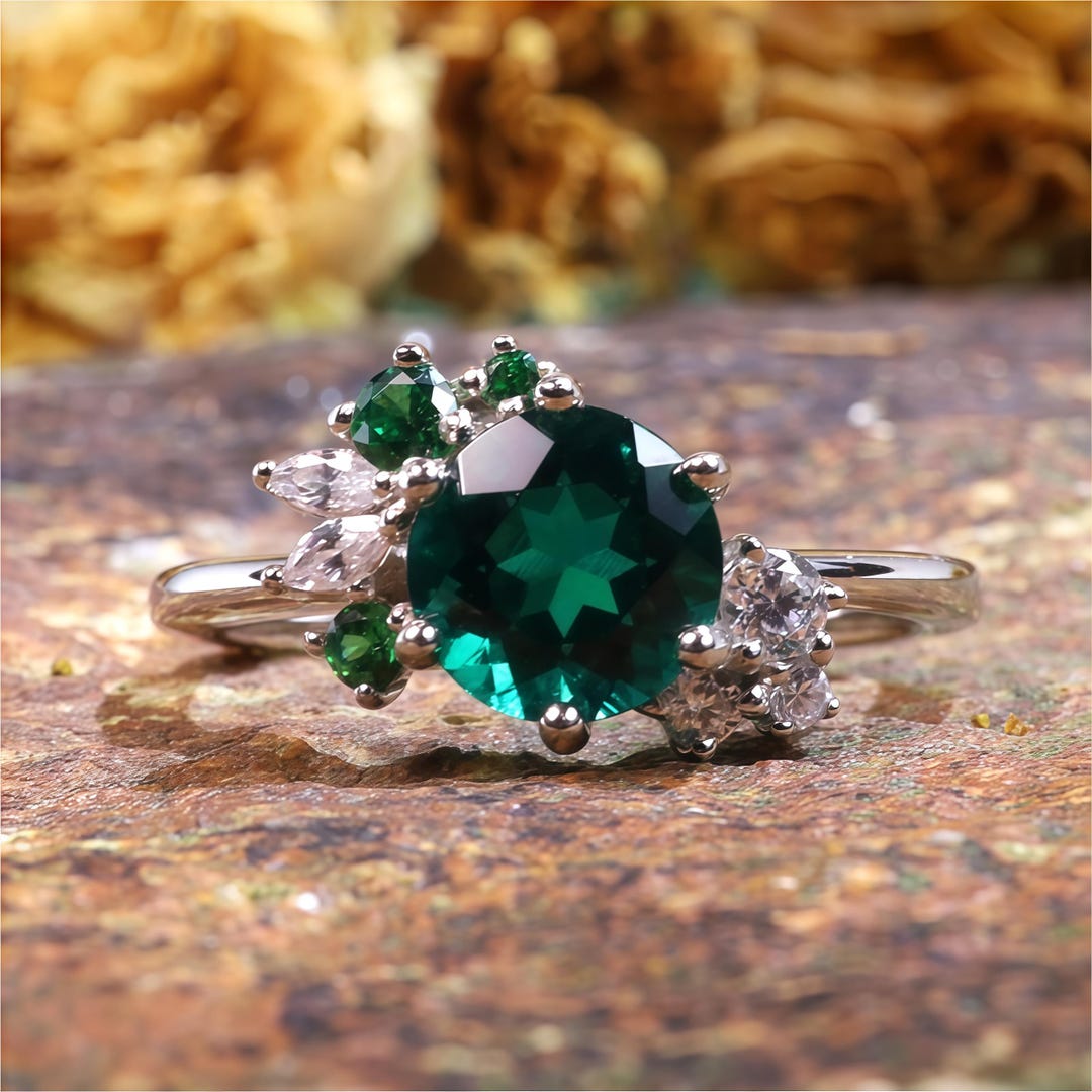 Round-shaped Lab Emerald Engagement Ring Wedding Ring Bridal Ring - Etsy