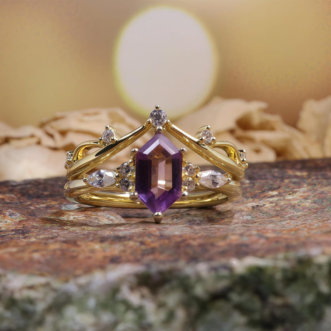 Hexagon-shaped Natural Amethyst Engagement Ring Set Wedding Ring Bridal ...
