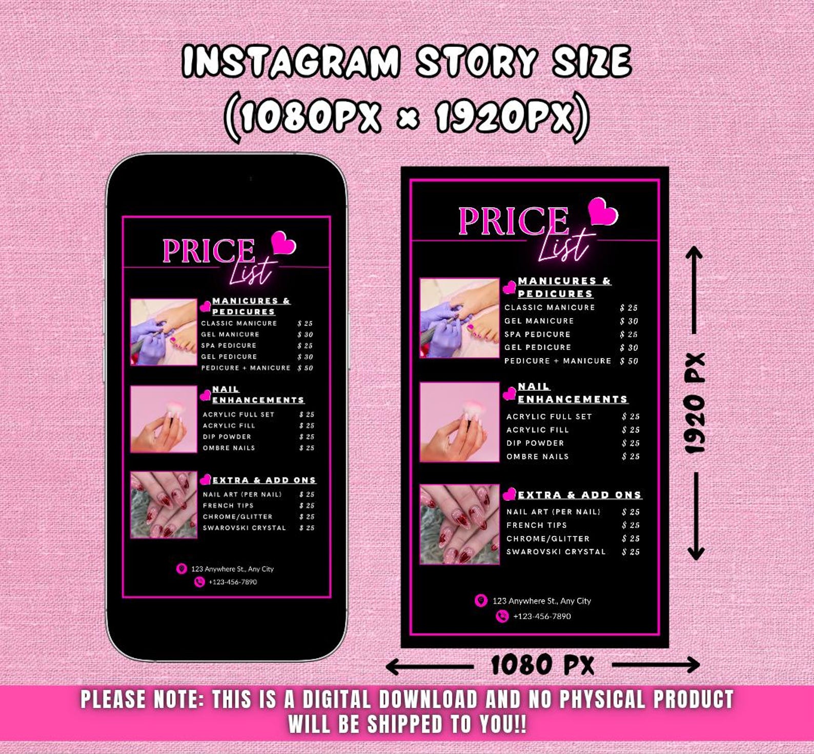 Editable Nail Salon Price List Canva Template | Beauty Service Menu for Instagram and Social ...