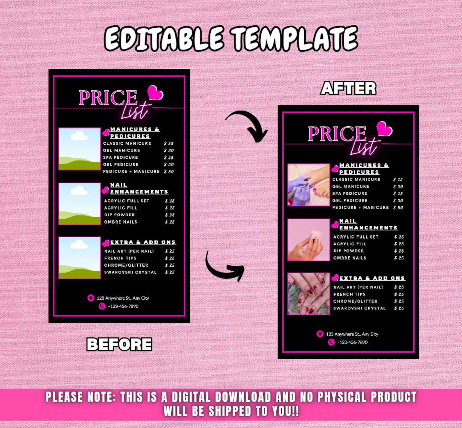 Editable Nail Salon Price List Canva Template | Beauty Service Menu for Instagram and Social ...
