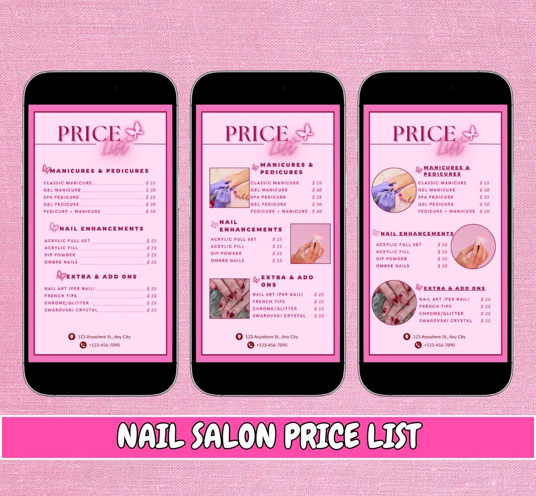 Editable Nail Salon Price List Canva Template | Pink Beauty Service Menu for Instagram and ...