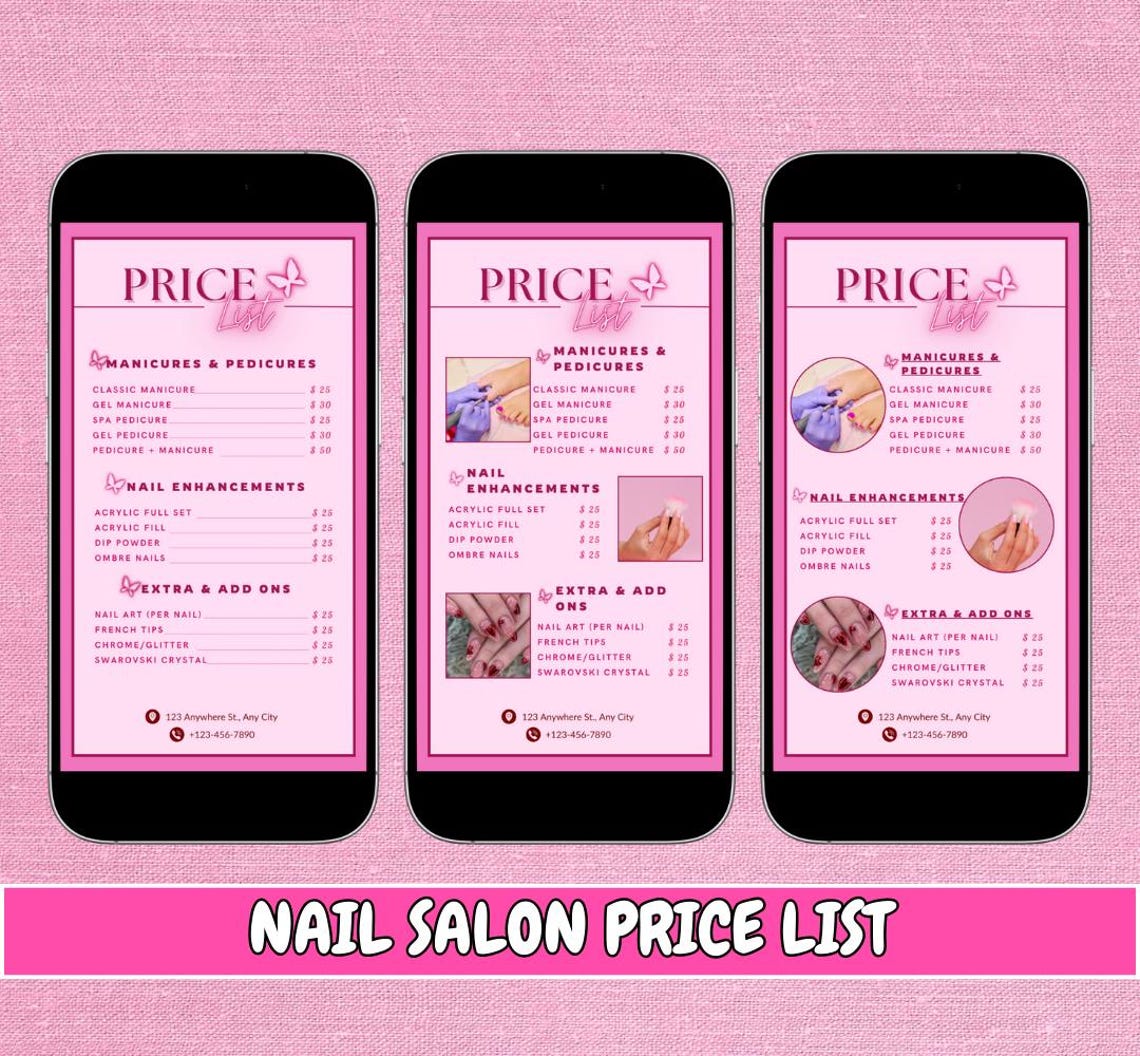 Editable Nail Salon Price List Canva Template | Pink Beauty Service Menu for Instagram and ...