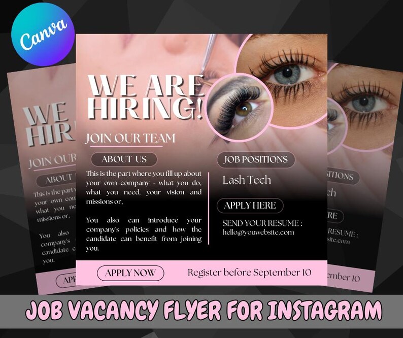 Editable We Are Hiring Pink Flyer Template for Lash Tech Job | Canva ...