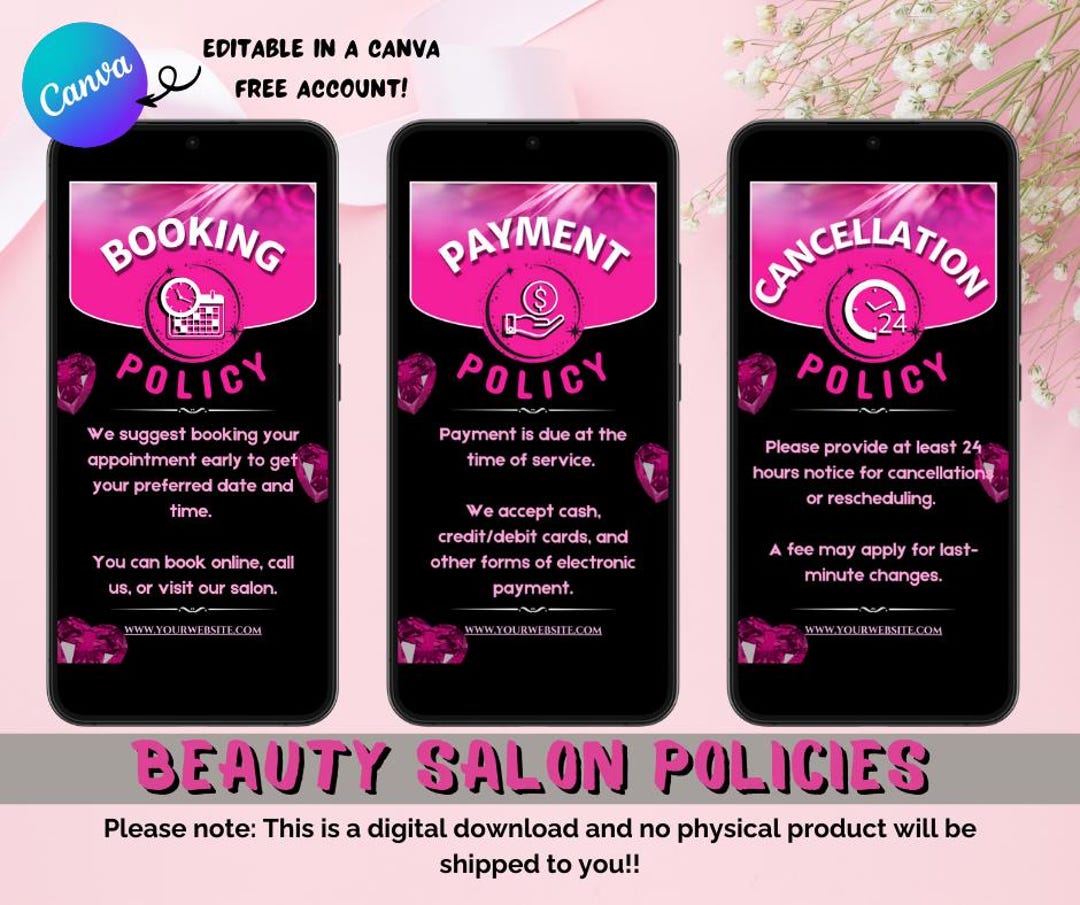 Editable Pink Salon Policy Canva Templates for Beauty Salons, Spas ...