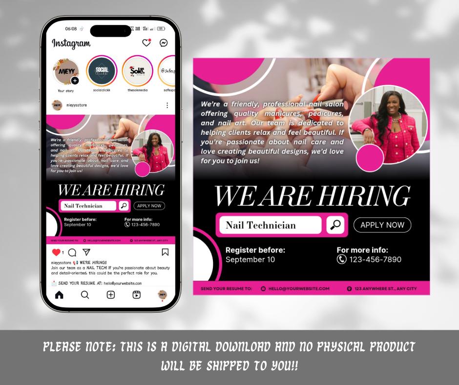 We Are Hiring Pink Flyer Template for Nail Tech Job Editable Canva ...