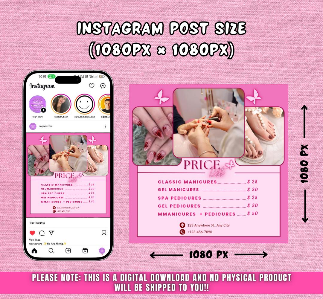 Editable Nail Salon Price List Canva Template | Pink Beauty Service Menu for Instagram and ...