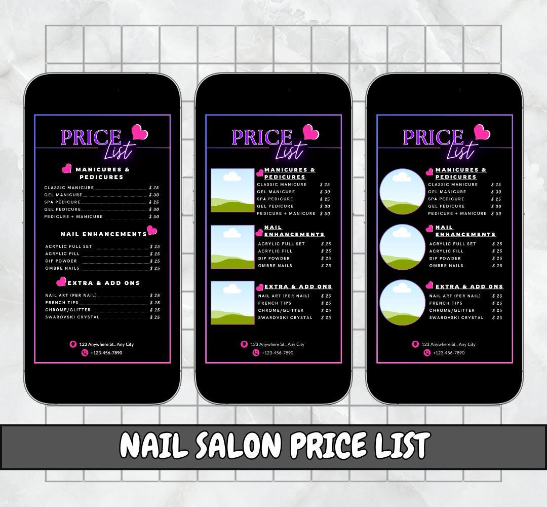 Editable Nail Salon Price List Canva Template | Beauty Service Menu for Instagram and Social ...