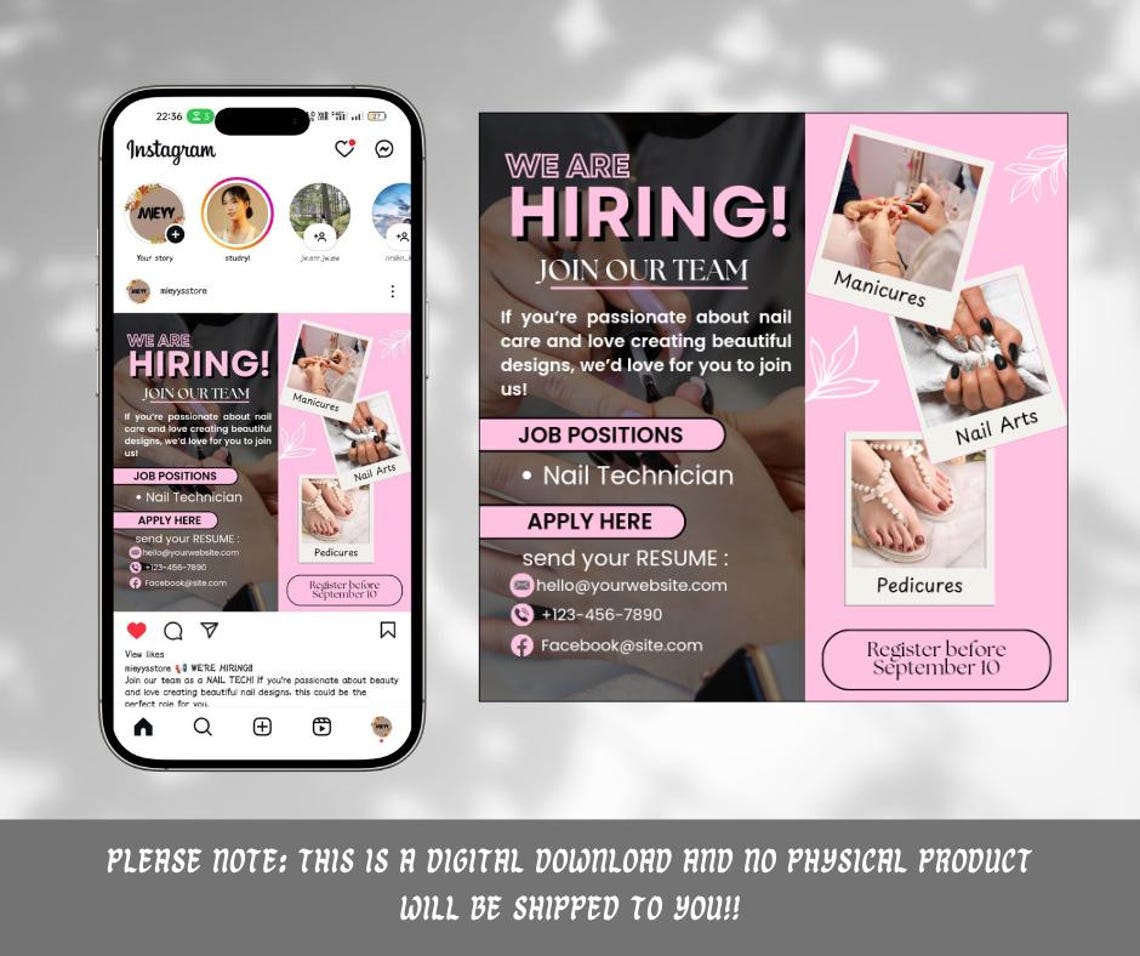 Editable We Are Hiring Pink Flyer Template for Nail Tech Job | Canva ...