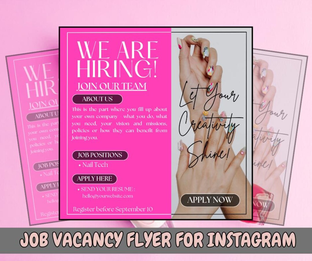Editable We Are Hiring Pink Flyer Template for Nail Tech Job | Canva ...