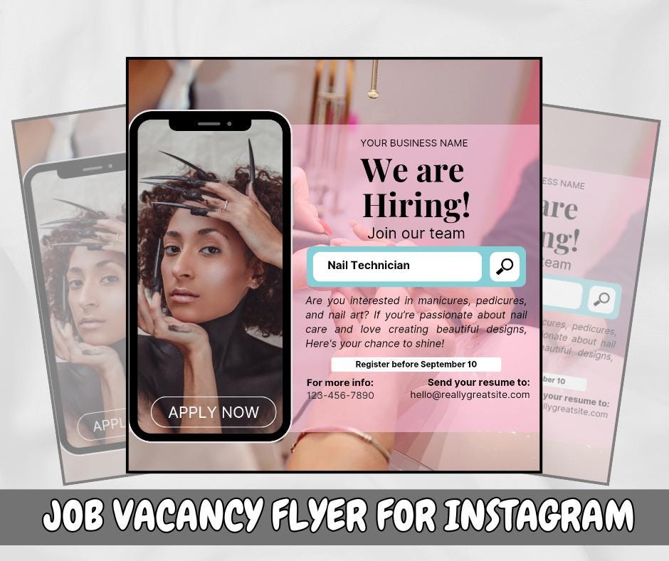We Are Hiring Pink Flyer Template for Nail Tech Job | Editable Canva ...