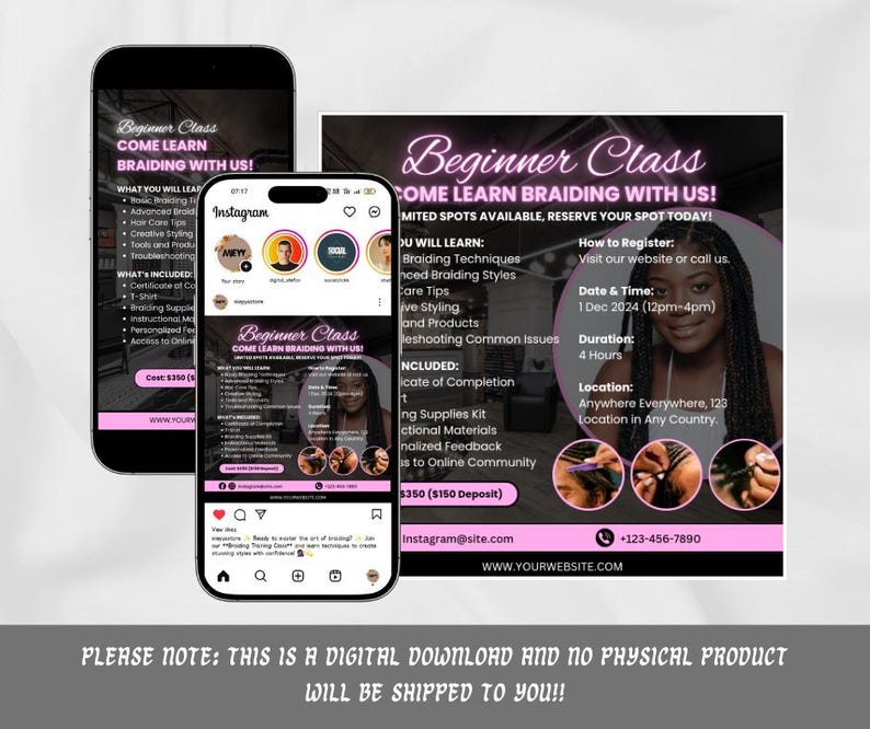 Editable Instagram Braiding Class Flyer Template | Canva Hair Training ...