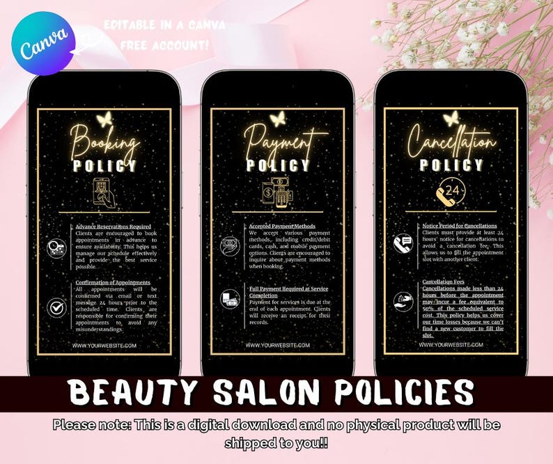 Editable Luxurious Salon Policy Canva Digital Templates for Beauty ...