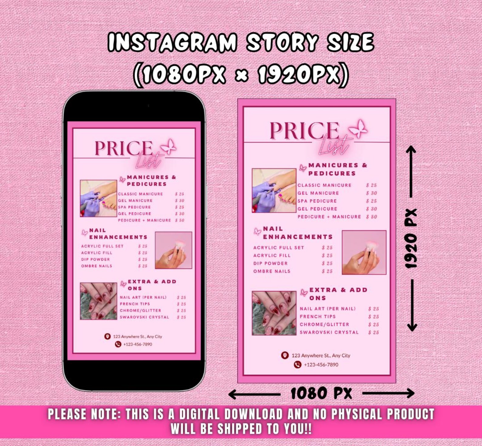 Editable Nail Salon Price List Canva Template | Pink Beauty Service Menu for Instagram and ...