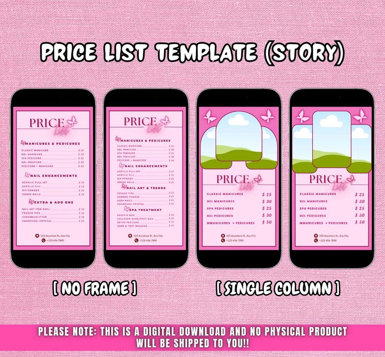 Editable Nail Salon Price List Canva Template | Pink Beauty Service Menu for Instagram and ...