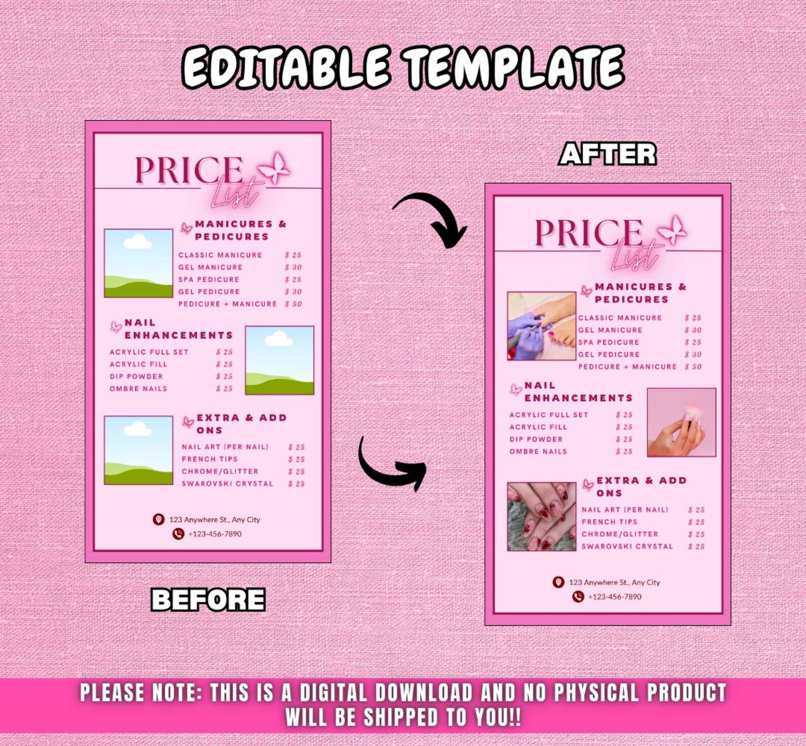 Editable Nail Salon Price List Canva Template | Pink Beauty Service Menu for Instagram and ...