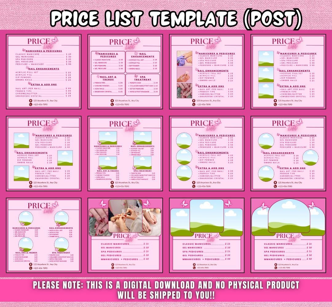Editable Nail Salon Price List Canva Template | Pink Beauty Service Menu for Instagram and ...