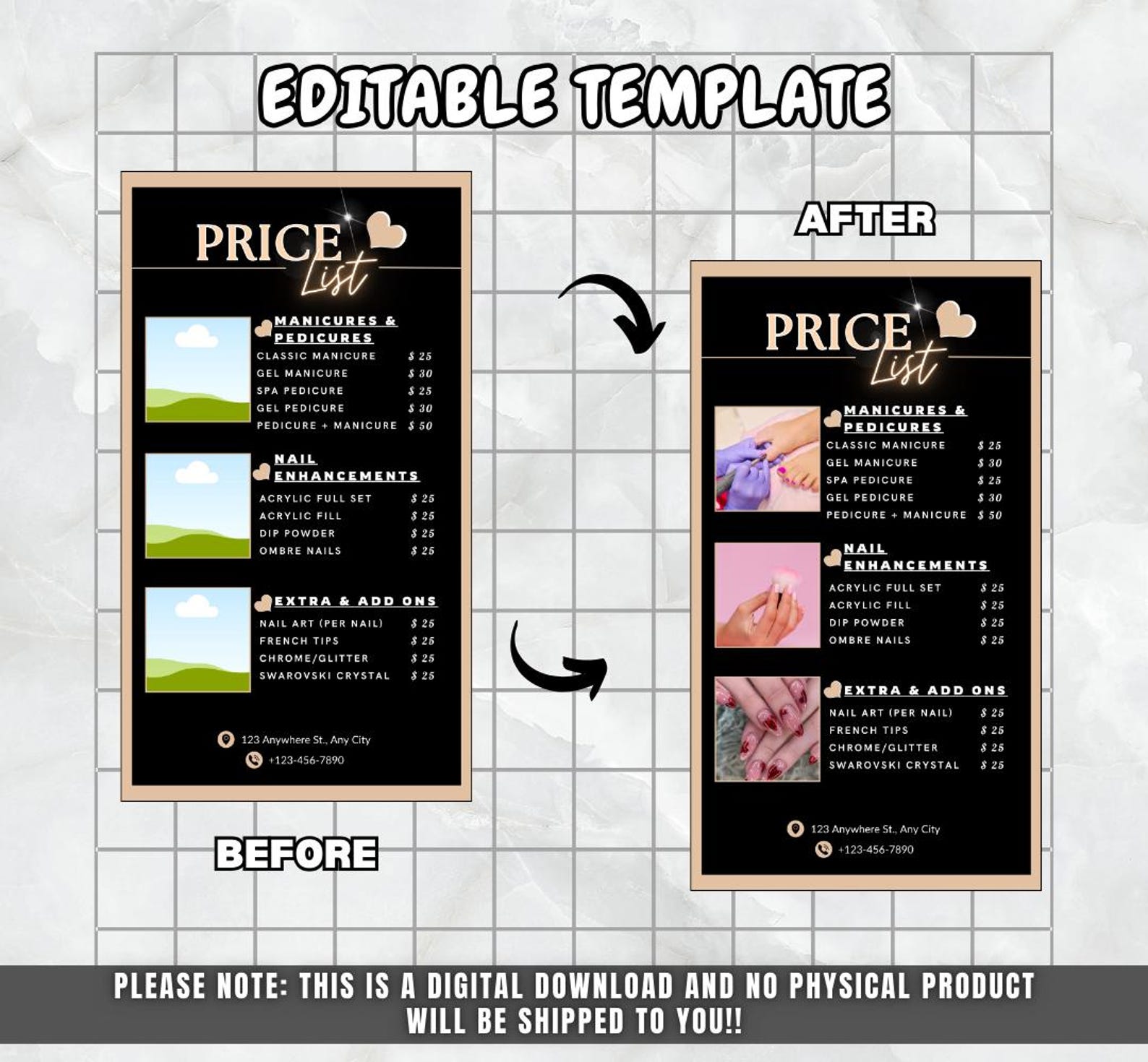 Editable Nail Salon Price List Canva Template | Pink Beauty Service Menu for Instagram and ...
