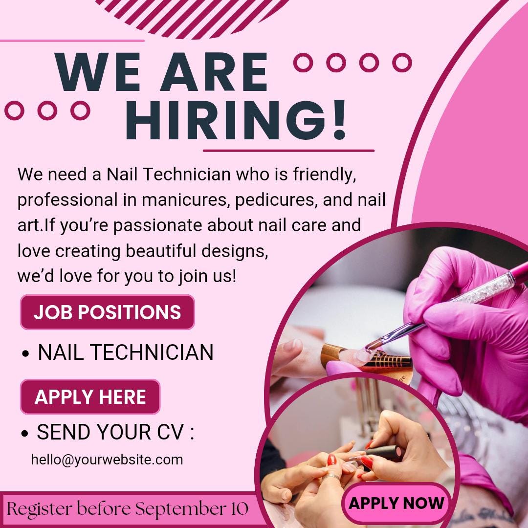 Editable We Are Hiring Pink Flyer Template for Nail Tech Job | Canva ...