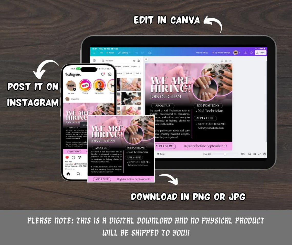 Editable We Are Hiring Pink Flyer Template for Nail Tech Job | Canva ...