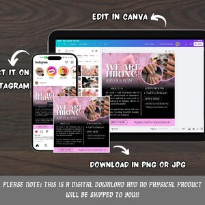 Editable We Are Hiring Pink Flyer Template for Nail Tech Job | Canva ...