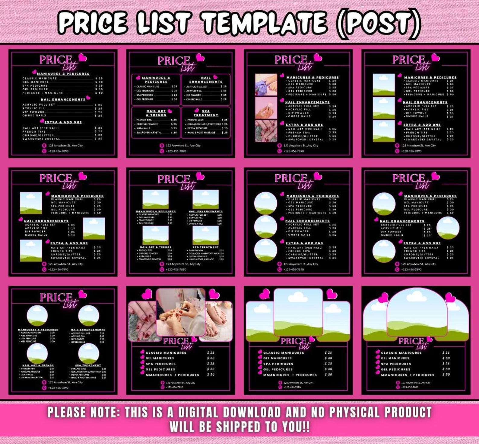Editable Nail Salon Price List Canva Template | Beauty Service Menu for Instagram and Social ...