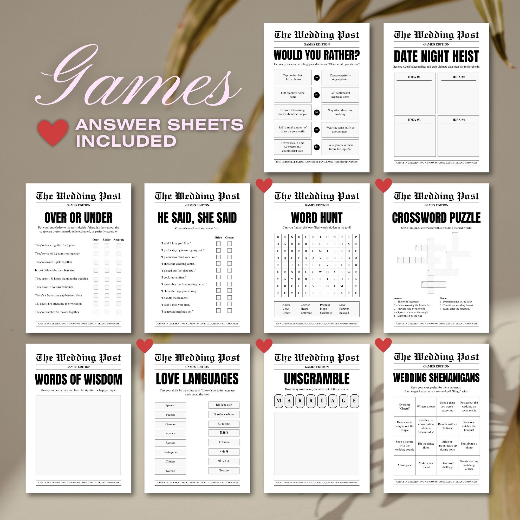 Editable Wedding Games Bundle, Newspaper Theme Template, Customisable ...