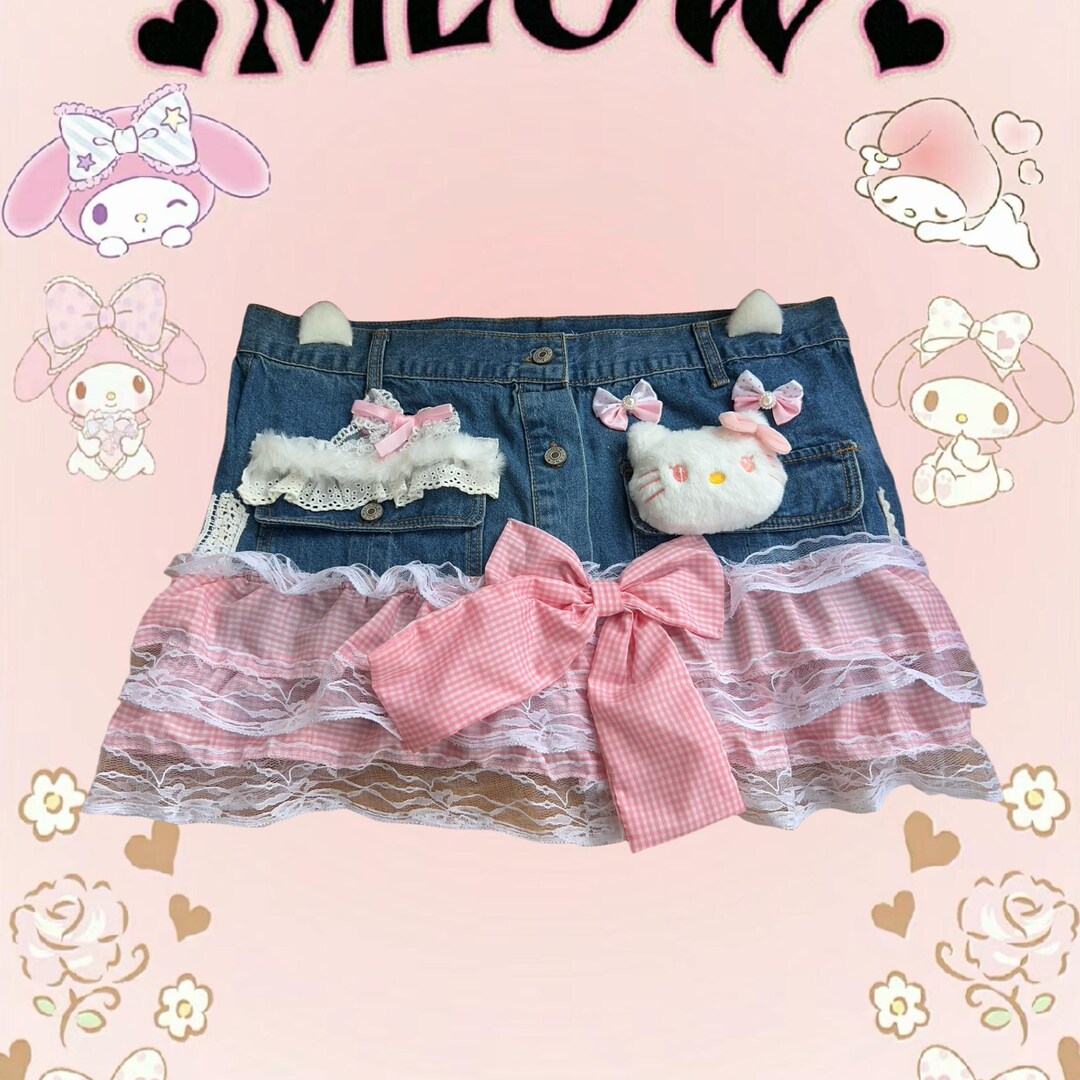 Pink and Blue Denim Skirt With Lace Detailing and Hello Kitty and My Melody Patches - Etsy