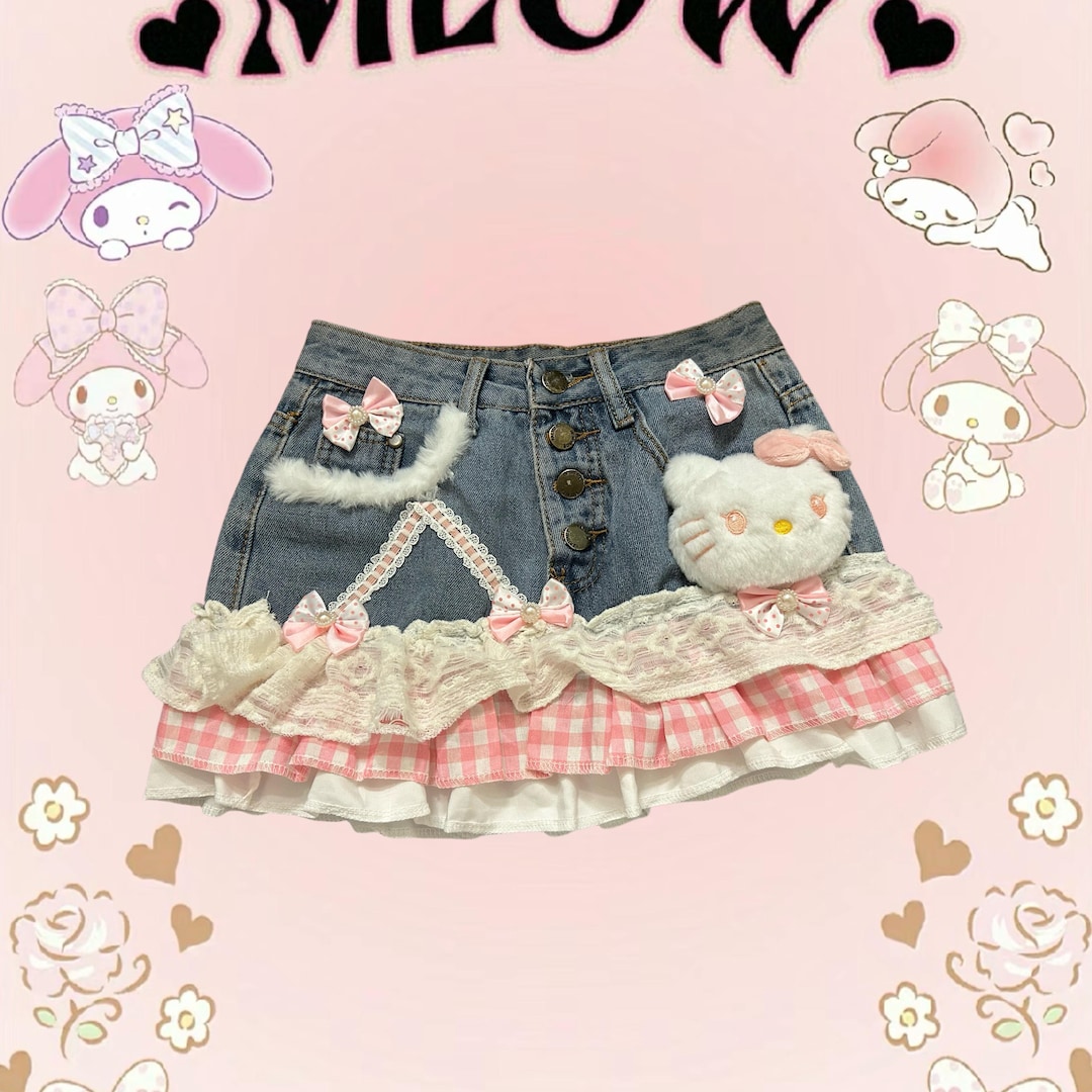 Pink & White Hello Kitty Denim Skirt - Etsy