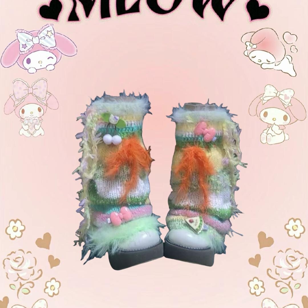 Pastel Pink and Green Knitted Leg Warmers With Fuzzy Fur, Bows, and Pom ...